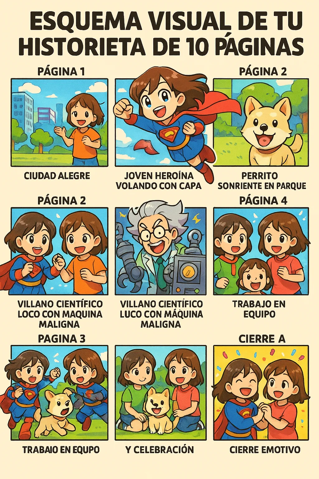 Esquema de historieta sobre una heroína y un villano. | ARTi