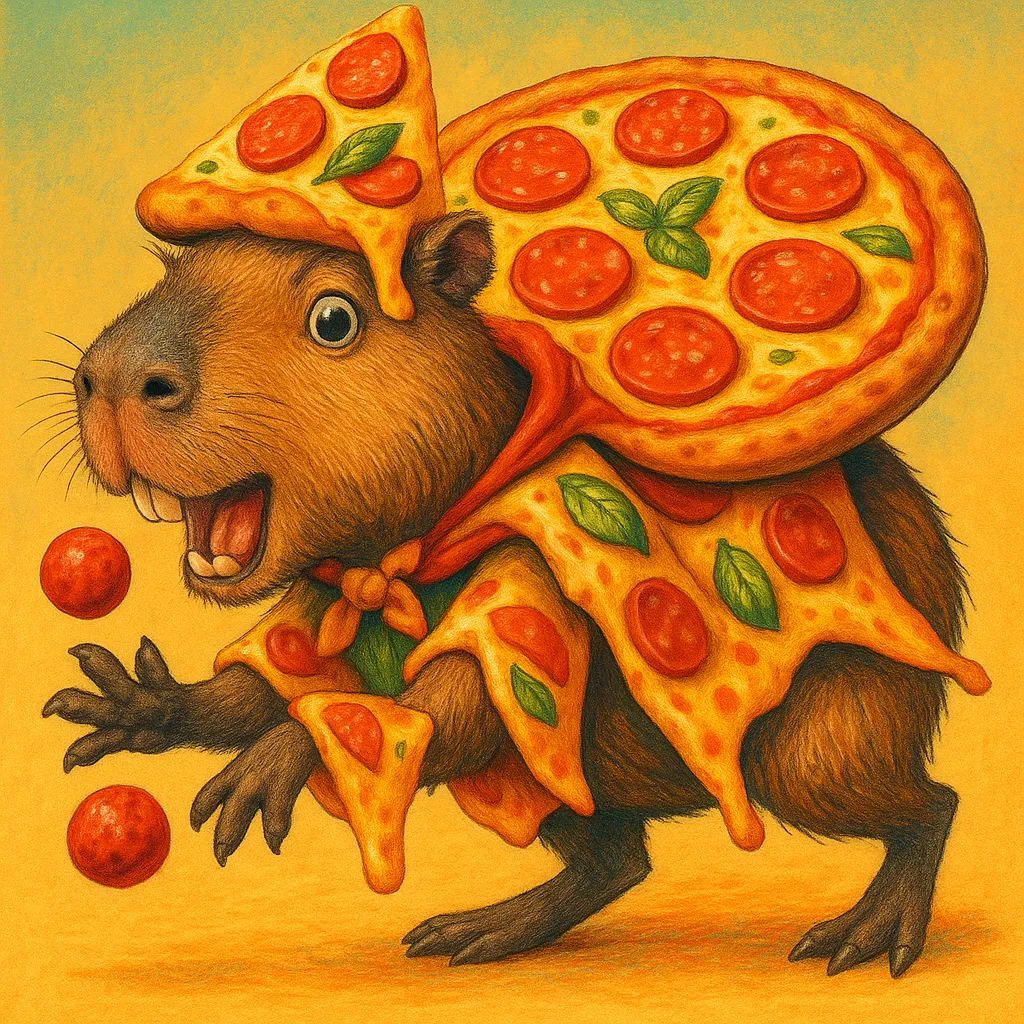 Quiero que sea un capibara y que tenga detrás una pizzaQuiero que sea ...